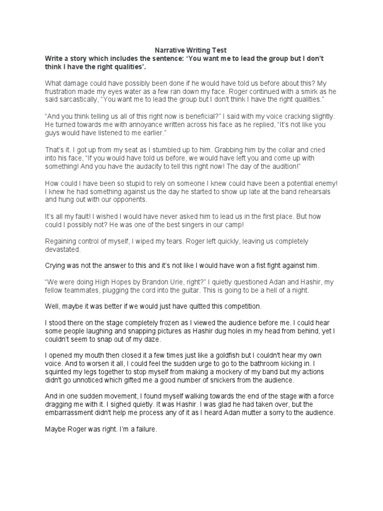 Narrative Writing Test Write A Story Which Includes The Sentence: You ...