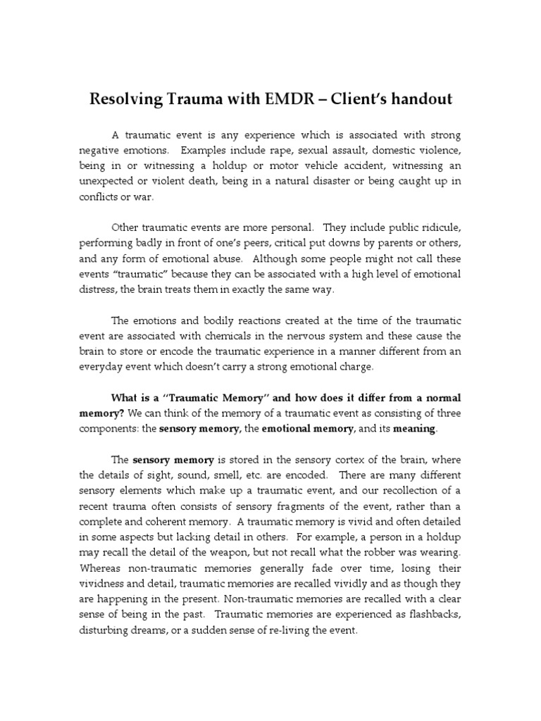Emdr Client Handout | PDF | Psychological Trauma | Eye Movement ...