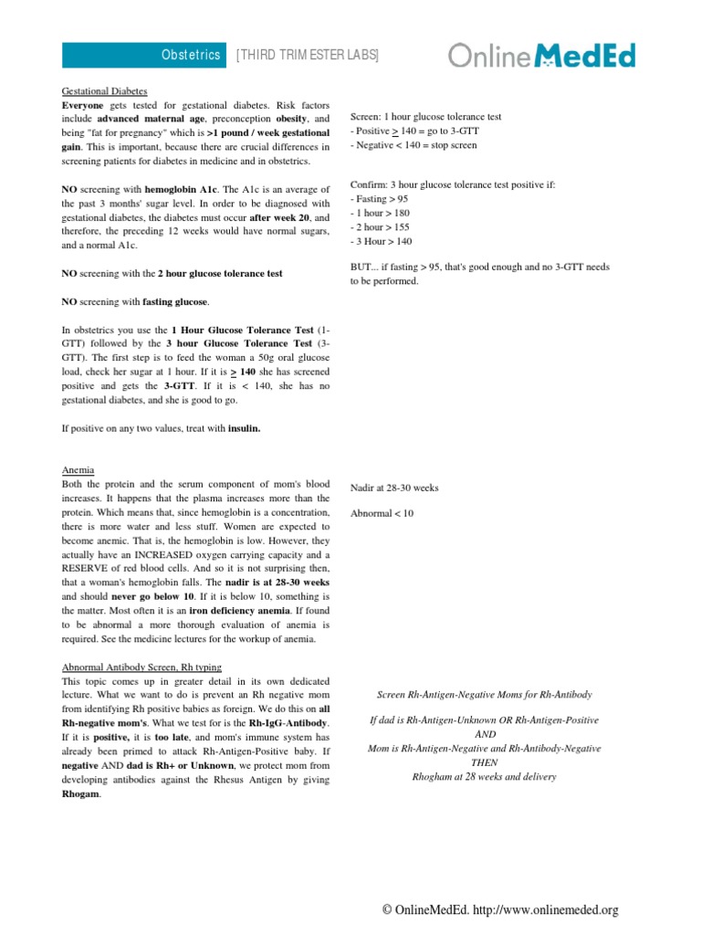 Obstetrics - 3rd Trimester Labs | PDF | Prediabetes | Gestational Diabetes