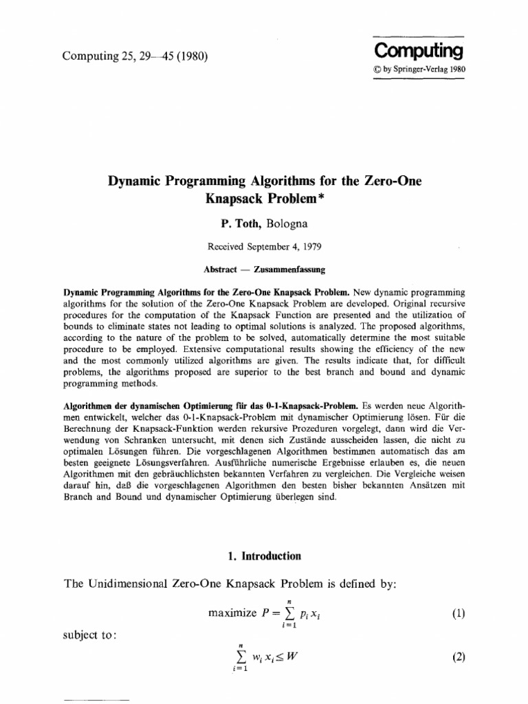 Computing Dynamic Programming Algorithms For The Zero One Knapsack