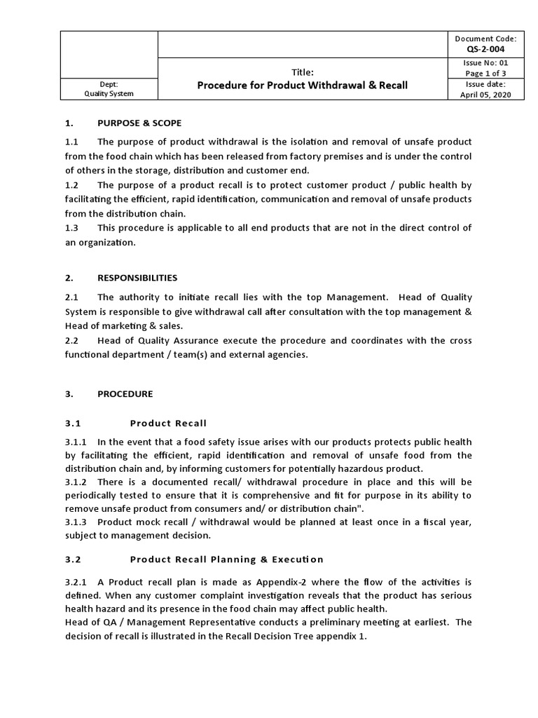 Purpose & Scope: Procedure For Product Withdrawal & Recall | PDF | Food ...