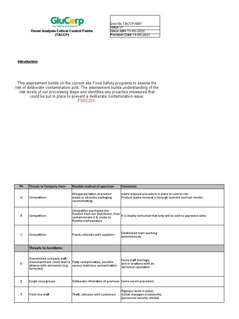 TACCP - VACCP Assessment - Glucose | PDF | Closed Circuit Television ...