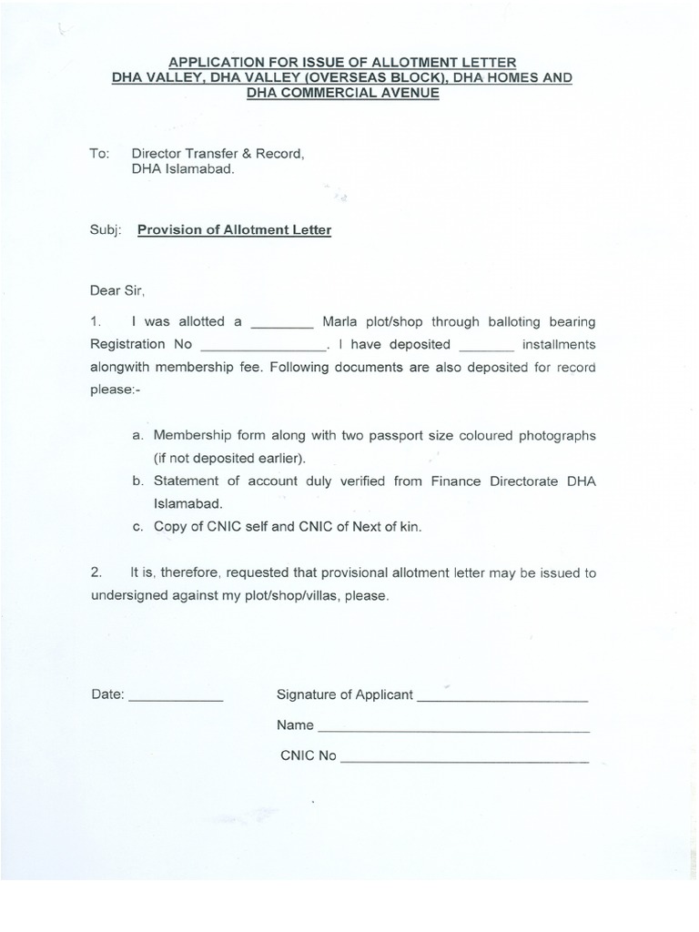 Application For Issuance of Allotment Letter | PDF