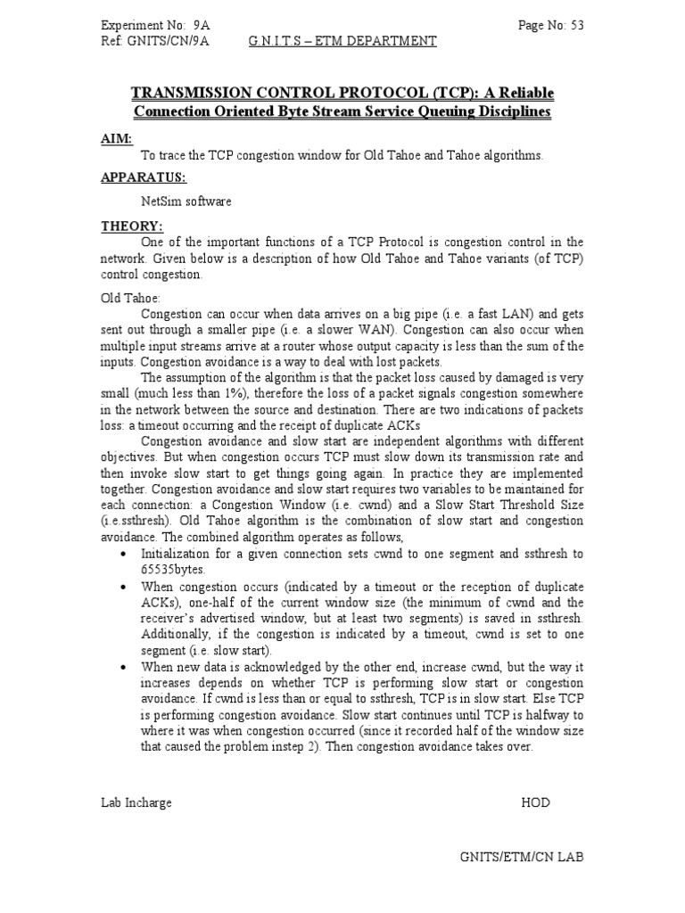 Transmission Control Protocol (TCP) : A Reliable Connection Oriented Byte Stream Service Queuing ...