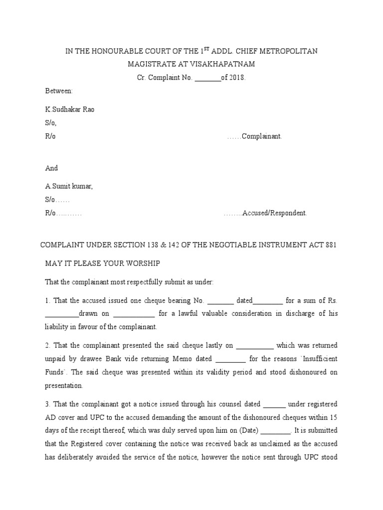 Complaint Format under Section 138 NI Act | PDF | Affidavit | Cheque
