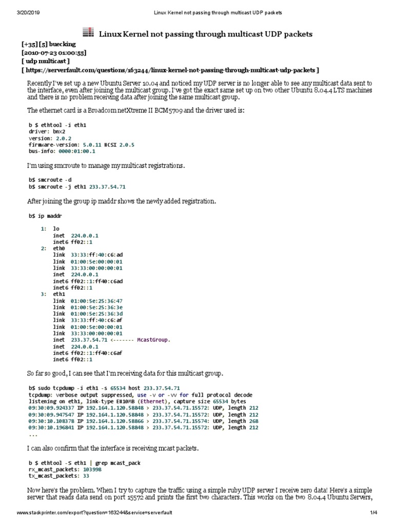 Linux Kernel Not Passing Through Multicast UDP Packets | PDF | Network Socket | Multicast