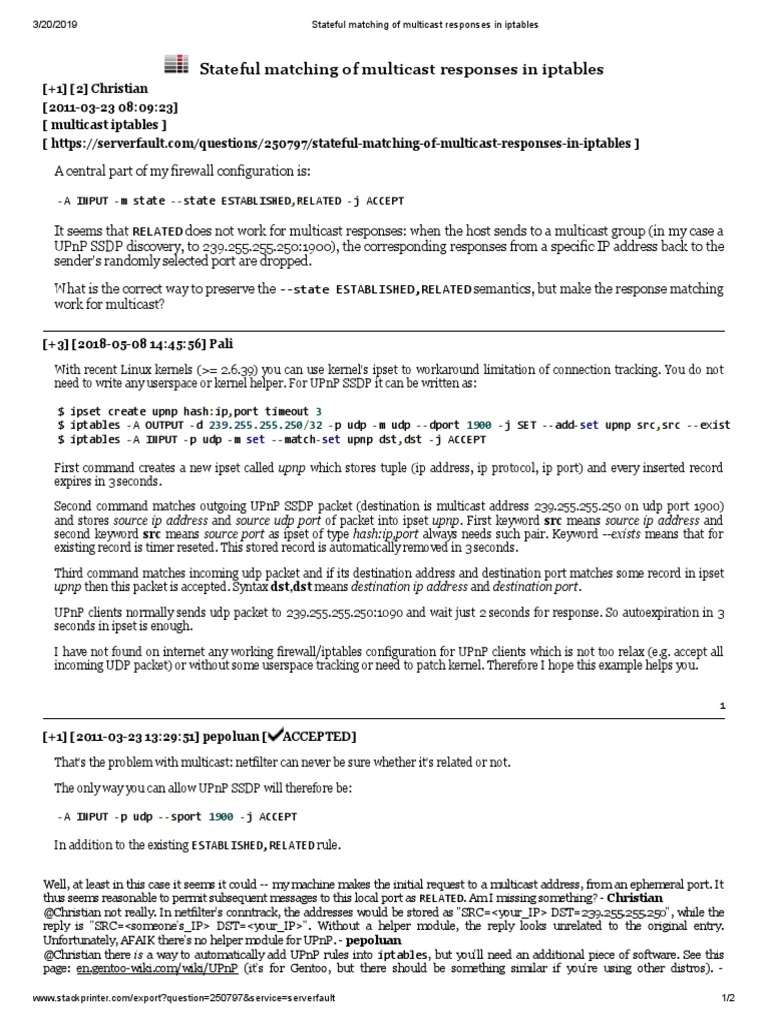 Stateful Matching of Multicast Responses in Iptables | PDF | Multicast | Port (Computer Networking)