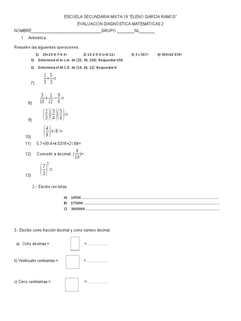 Diagnostico Matematicas de Segundo Grado | PDF