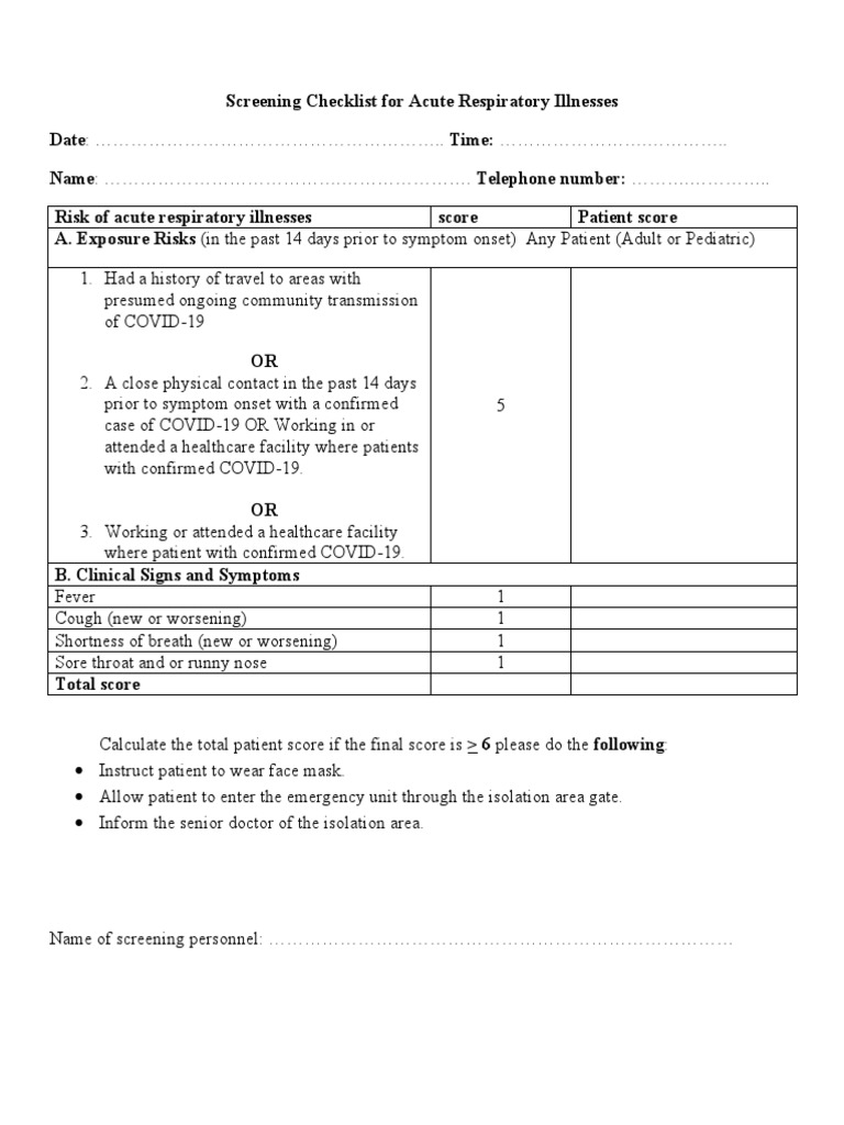 Screening Checklist For Acute Respiratory Illnesses - 310520063933 | PDF