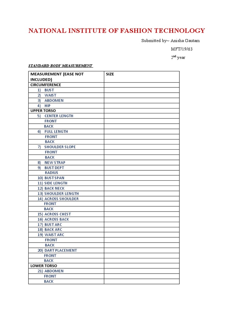 Standard Body Measurement | PDF
