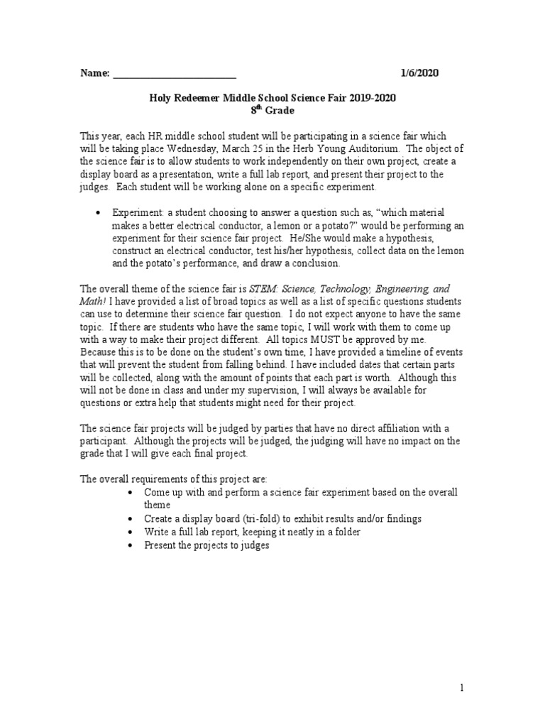 Science Fair Handout 8th Grade | PDF | Experiment | Water