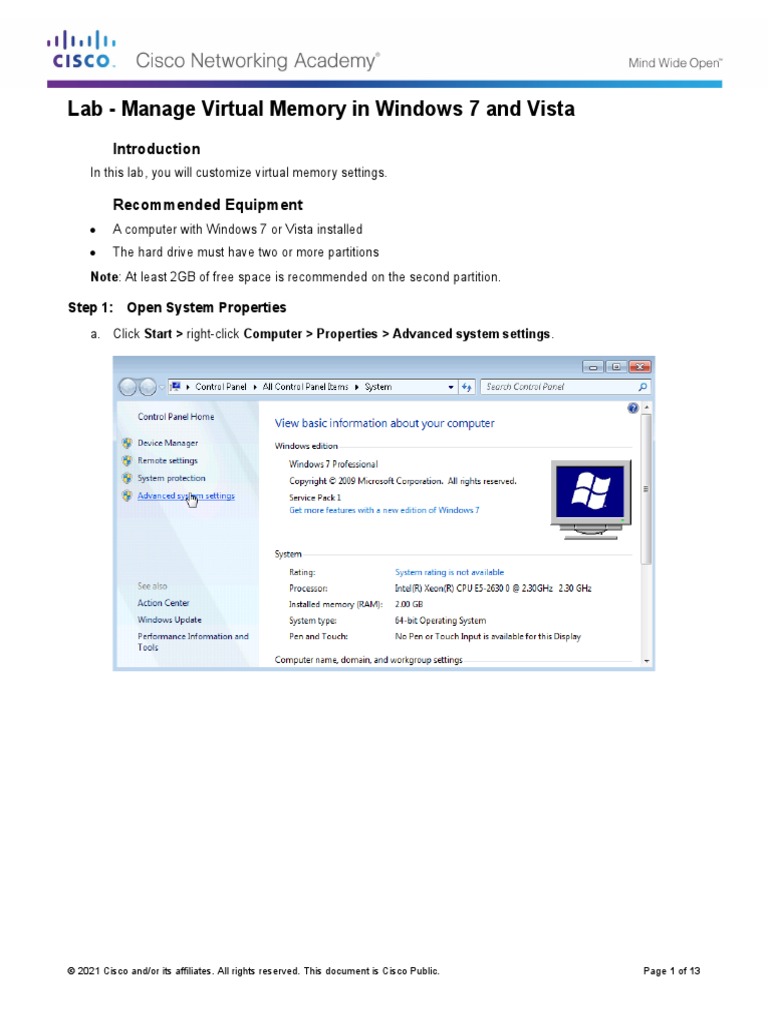 6.1.2.12 Lab - Manage Virtual Memory in Windows 7 and Vista-1 | PDF ...