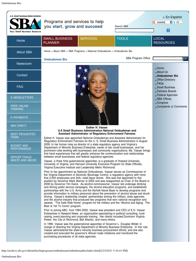 Esther Vassar: SBA Ombudsman Profile | PDF | Small Business ...