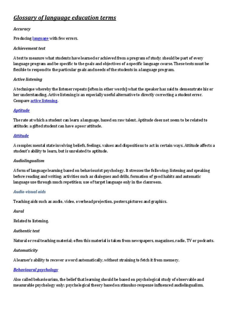 Glossary of Language Education Terms | PDF | Language Education | Teachers