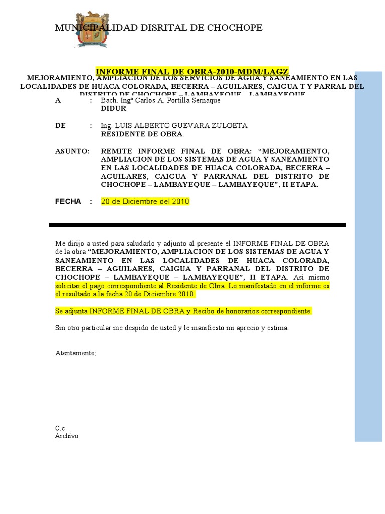 Informe Final de Obra: Agua y Saneamiento | PDF