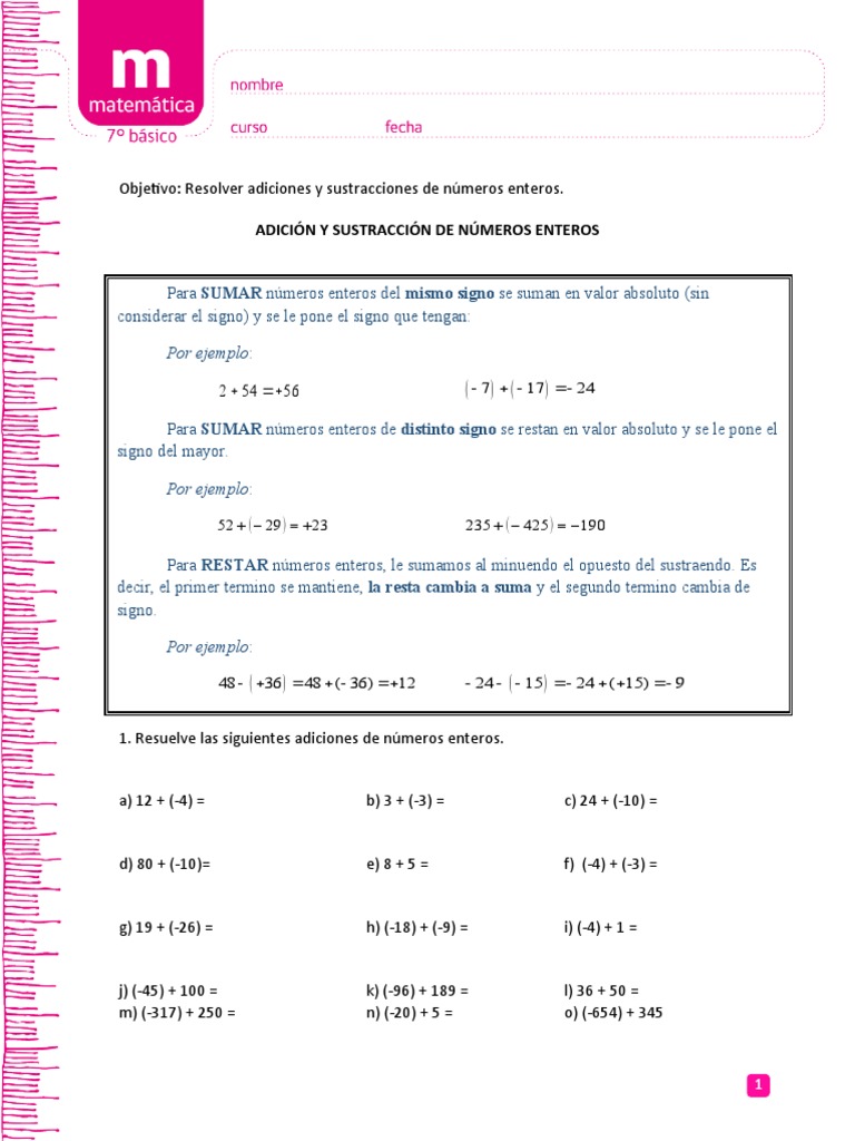 Guía de Adiciones y Sustracciones de Números Enteros | PDF | Sustracción | Entero