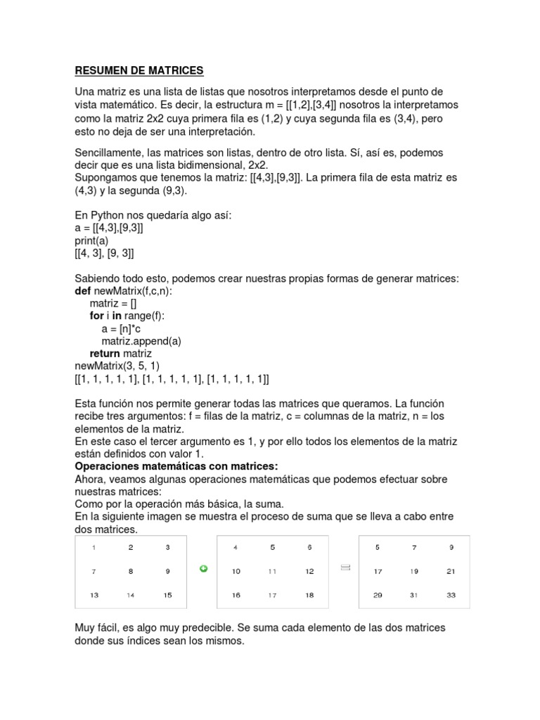 Resumen de Matrices - Programación | PDF | Matriz (Matemáticas ...