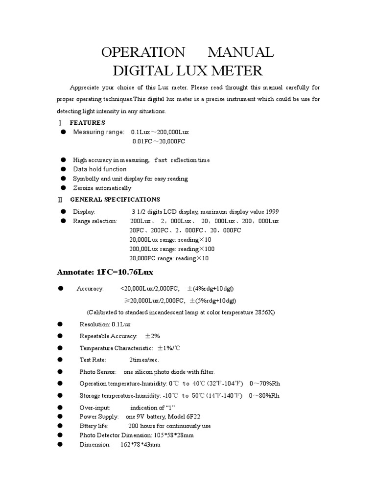 Operation Manual Digital Lux Meter | PDF | Accuracy And Precision ...