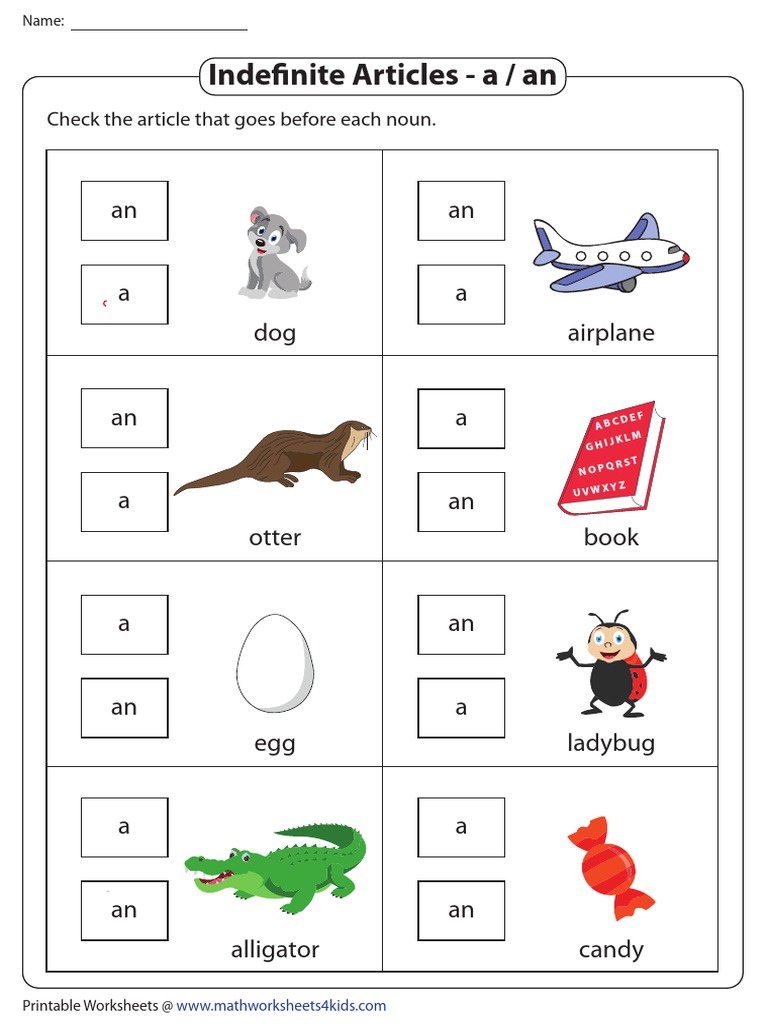 Practice Identifying Indefinite Articles in English with Nouns ...