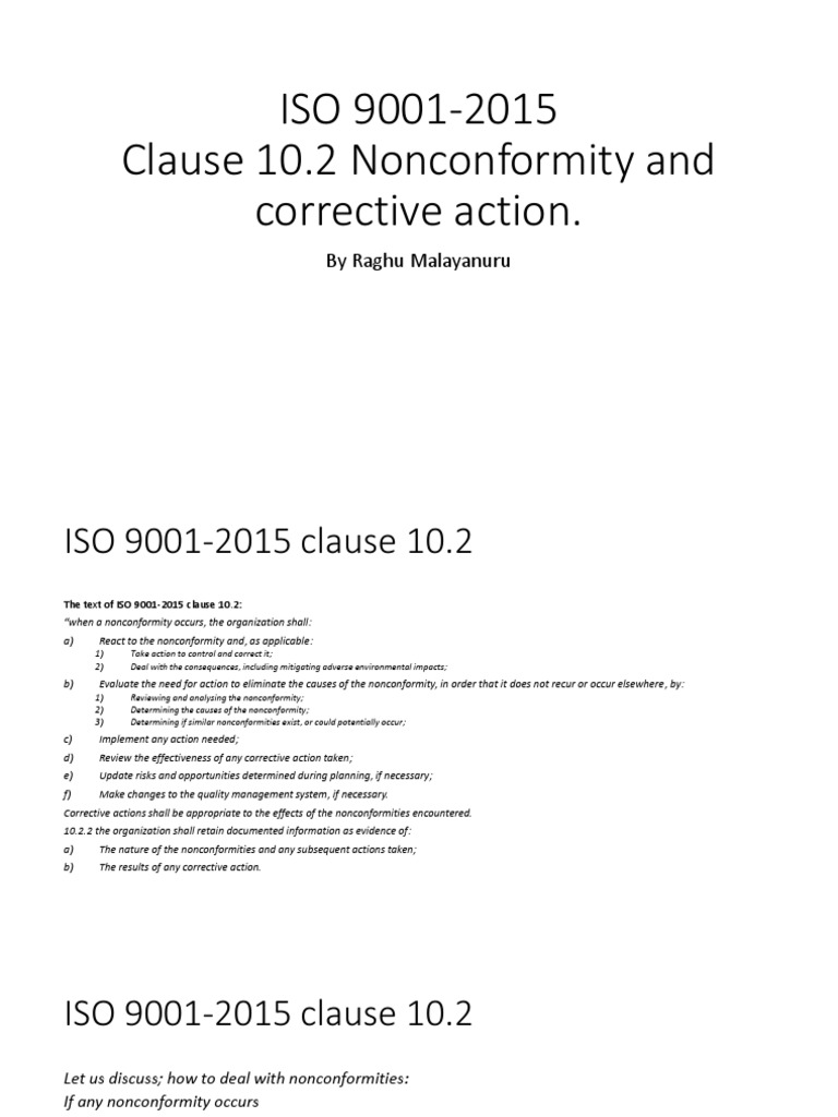 ISO 9001-2015 Clause 10.2 Nonconformity and Corrective Action | PDF ...