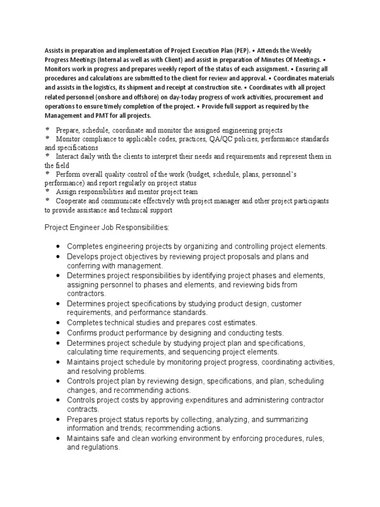 Duties and Responsibilities of A Project Engineer | PDF | Specification ...