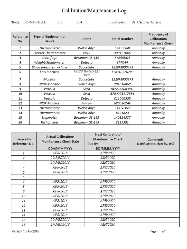 HBEH Calibration - Maintenance Log GFR-Lilly 26 SEP 2017 | PDF ...