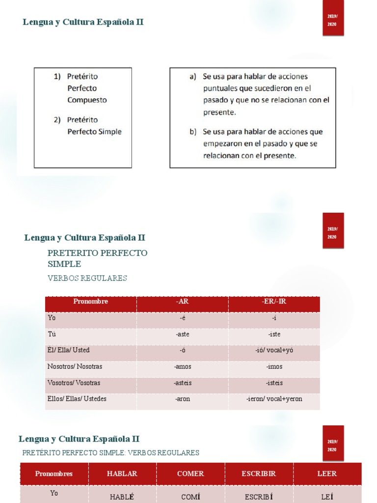 Lengua y Cultura Española II PRETÉRITO PERFECTO SIMPLE | PDF | Plural ...
