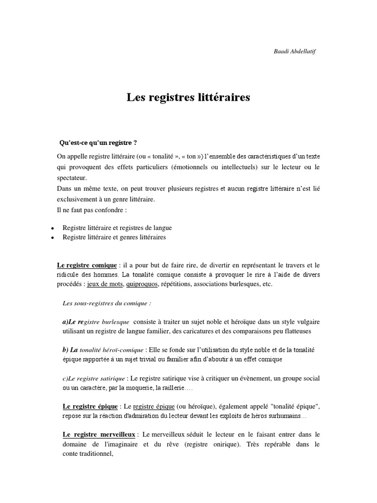 Les Registres Littéraires | PDF | Ironie | Poésie épique