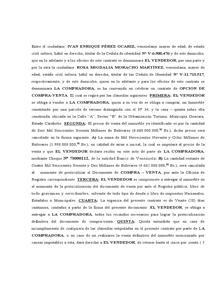Contrato de Opcion A Compra de Inmueble para Notaria | PDF | Salario de emisión de contrato ...