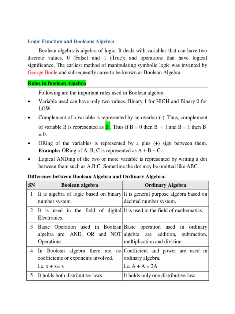 Logic Function and Booleans Algebra: George Boole | PDF | Logic Gate ...