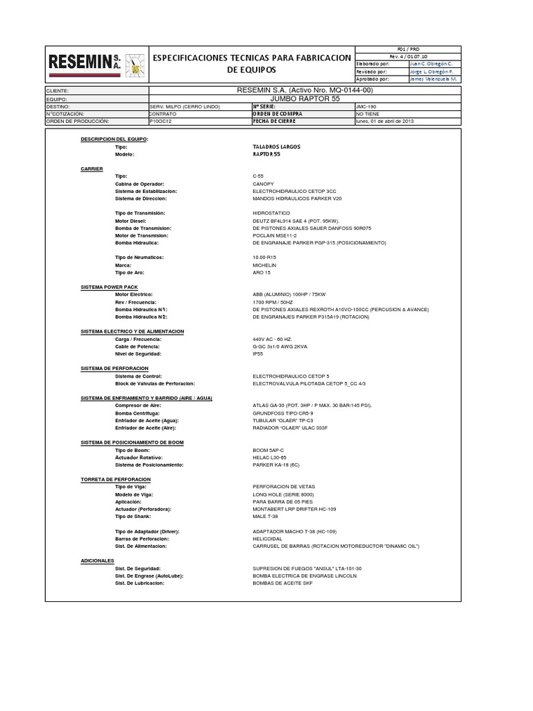 Especificaciones Tecnicas - RAPTOR 55 - RESEMIN - JMC-190 | PDF ...