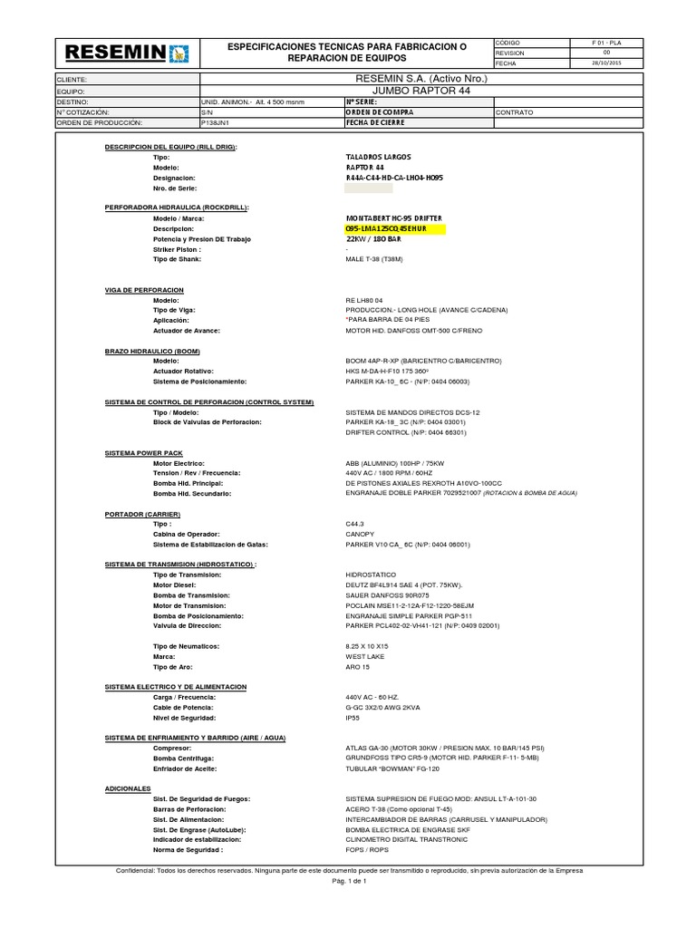 Especificaciones Tecnicas RAPTOR 44 - JMC - 322 - RESEMIN S.A. (CHUNGAR ...