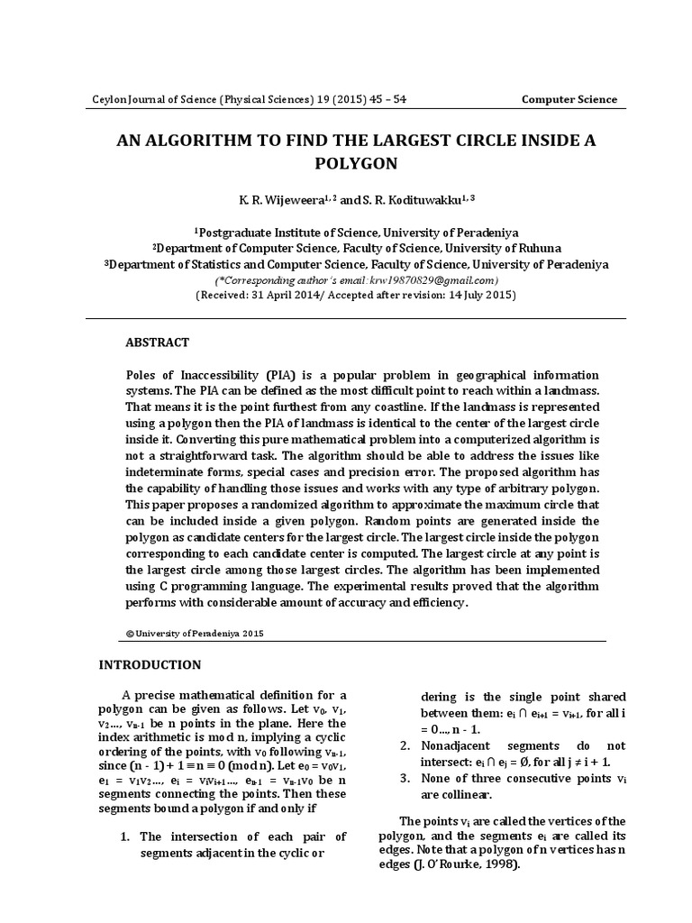 An Algorithm To Find The Largest Circle Inside A Polygon | PDF | Vertex ...