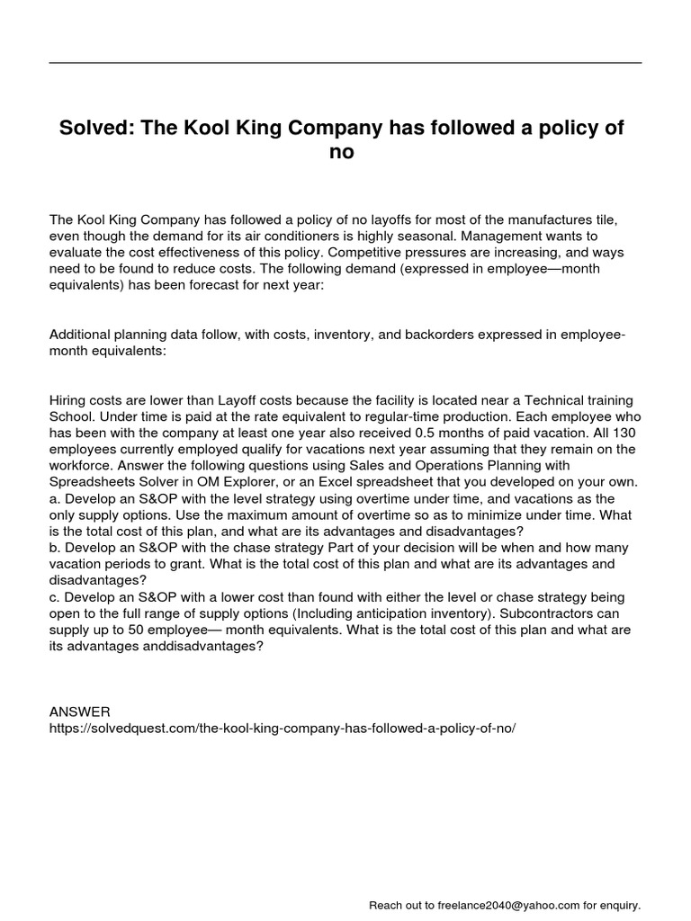 Kool King Company S&OP Cost Analysis | PDF | Employment | Labor