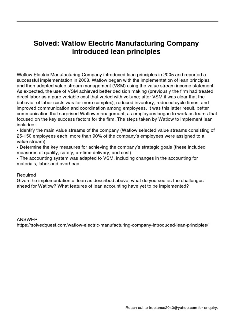 Watlow Electric Manufacturing Company Introduced Lean Principles | PDF ...