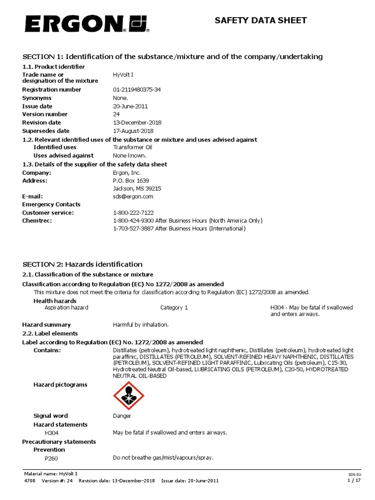 HyVolt I Transformer Oil SDS | PDF | Personal Protective Equipment ...