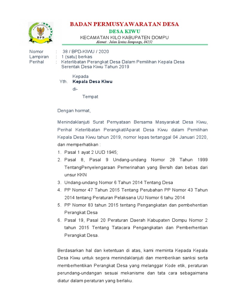 Surat BPD Untuk Kades Dan Camat | PDF