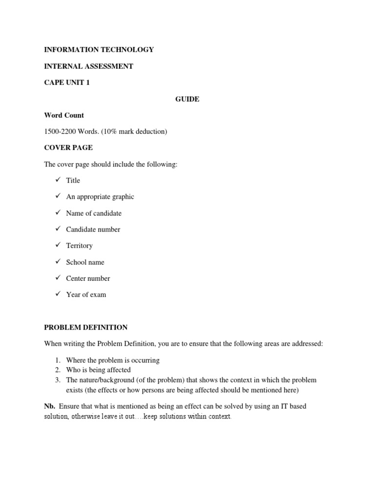 Information Technology Internal Assessment Cape Unit 1 Guide Word Count | PDF | Feasibility ...