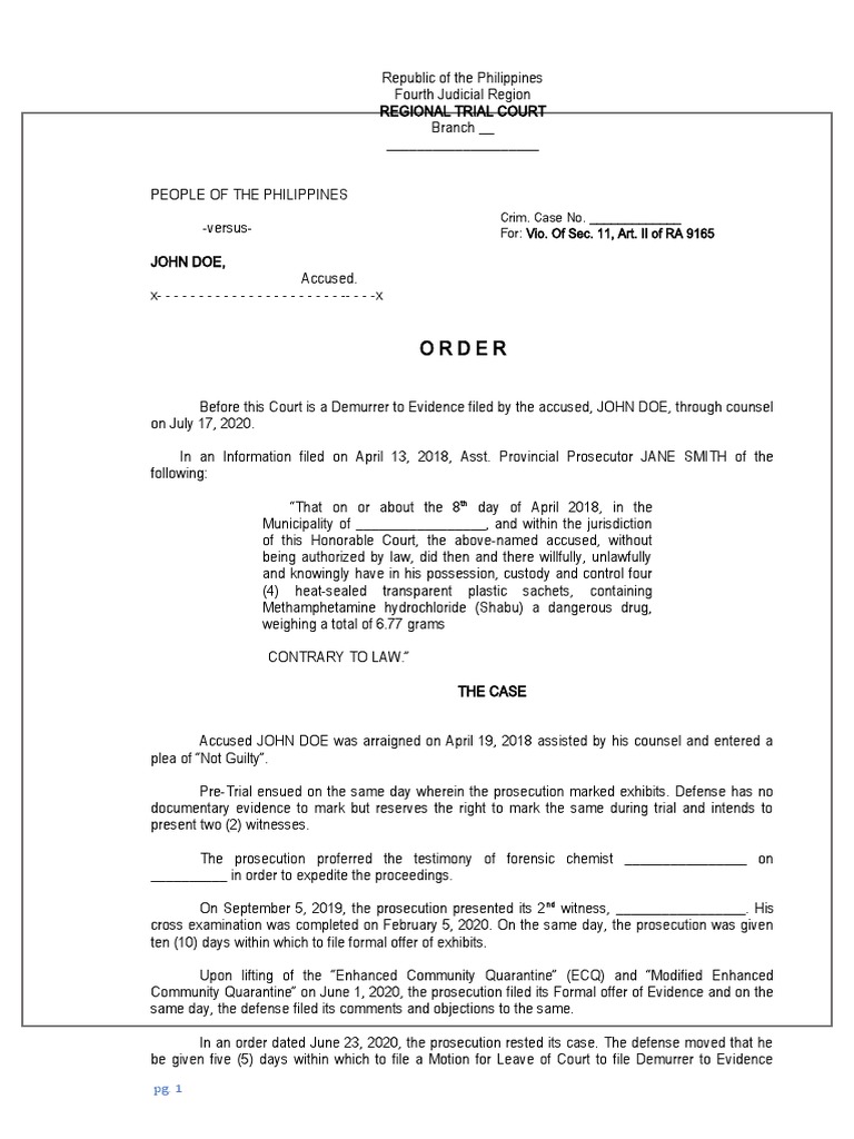 Sample Order Granting Demurrer To Evidence | PDF | Demurrer | Prosecutor