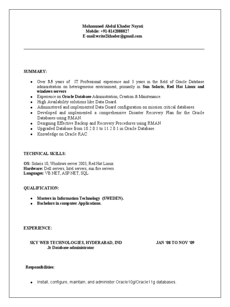 My Resume1 | PDF | Databases | Operating System