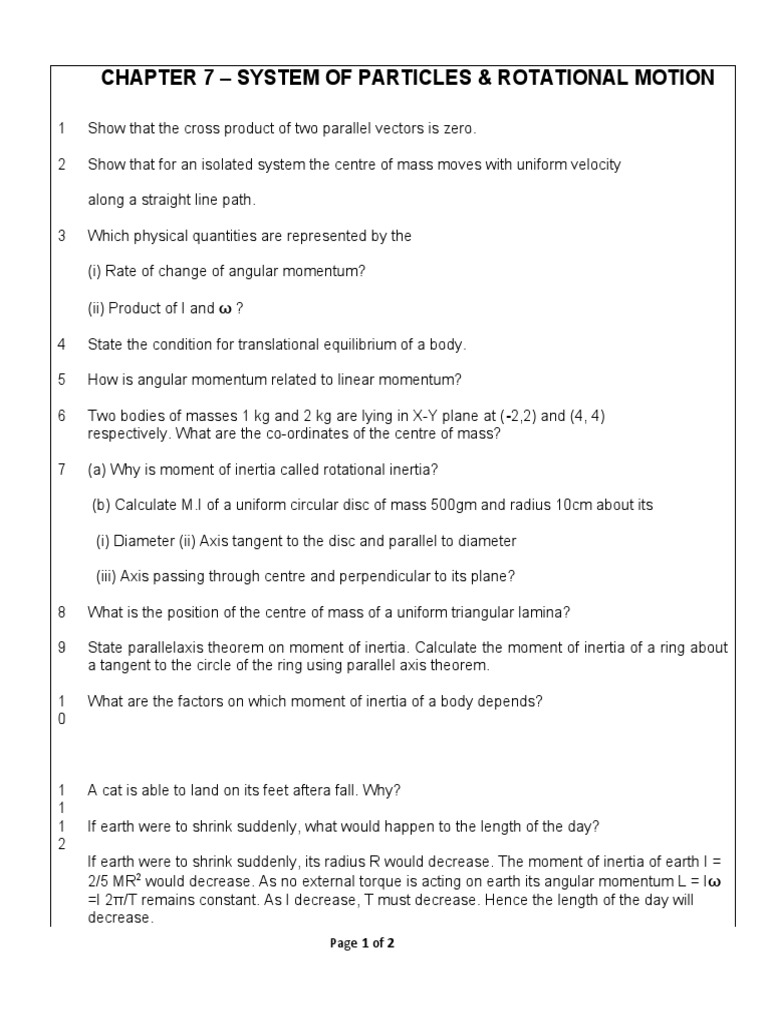 Class 11 Worksheet Chap 7 - Rotational Motion | PDF | Rotation Around A ...