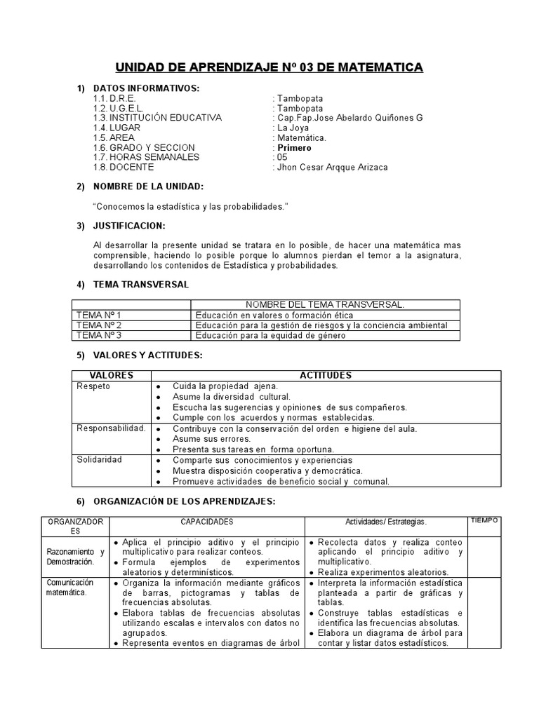Unidad de Aprendizaje: Estadística y Probabilidades | PDF | Evaluación ...