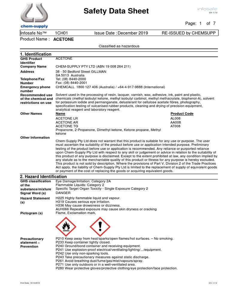 Safety Data Sheet: Acetone | PDF | Personal Protective Equipment ...