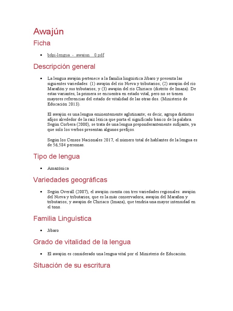 Awajún | PDF | Idiomas | Artes del lenguaje y disciplina
