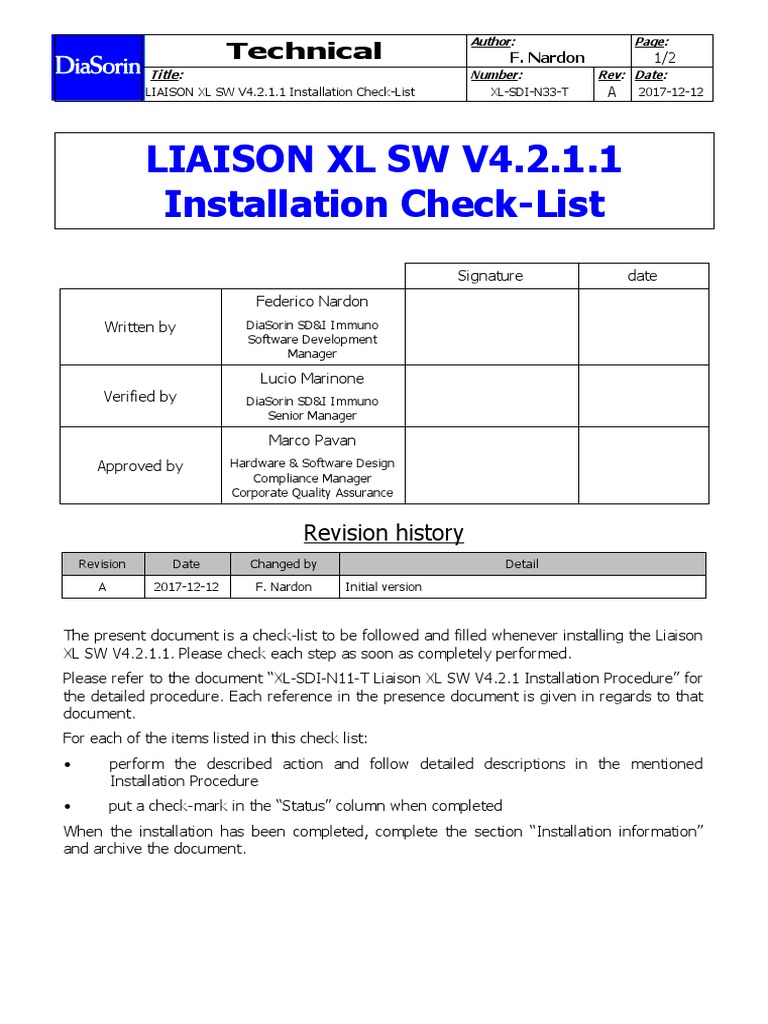 Xl-Sdi-N33-T (171212) (Rev.a) Liaison XL SW v4.2.1.1 Installation Check ...