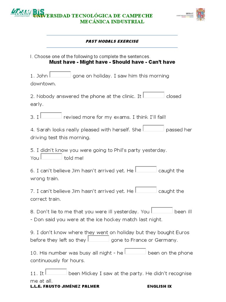 Past Modals Exercise | PDF