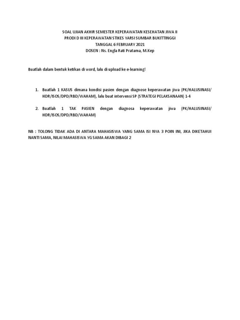 Soal Ujian Akhir Semester Keperawatan Kesehatan Jiwa II | PDF | Pengembangan Diri