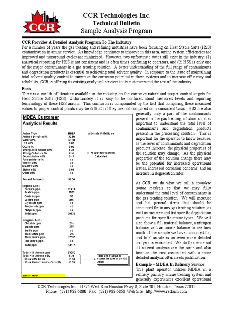 Sample Analysis Program: CCR Technologies Inc | PDF | Amine | Solution