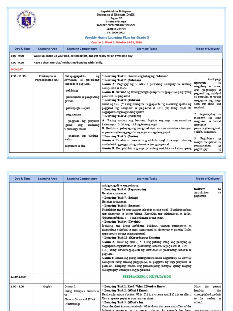 Grade 5 - All Subjects - WHLP - Q1 - W3 | PDF