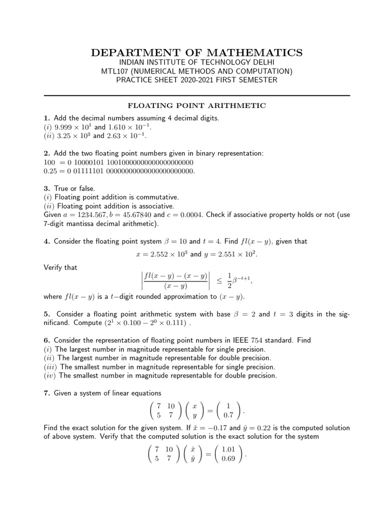 Floating Point Arithmetic Practice Sheet | PDF | Significant Figures ...
